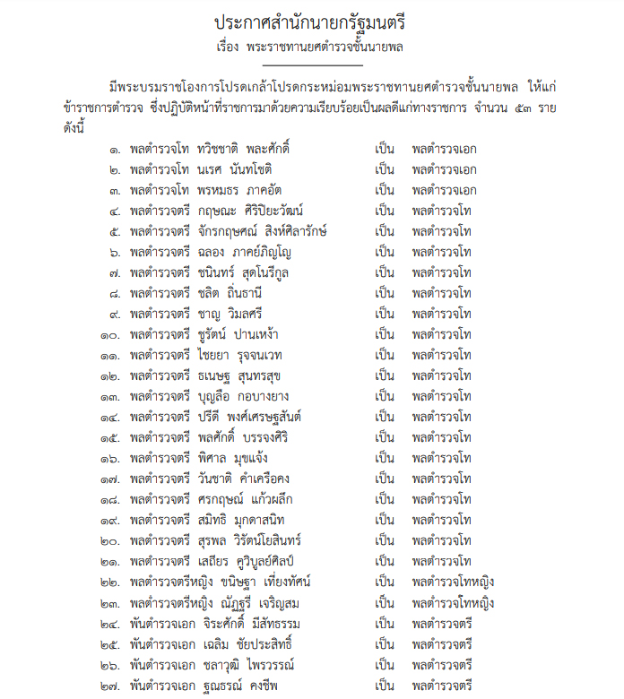 โปรดเกล้าฯ พระราชทานยศตำรวจชั้นนายพล รวม 53 ราย