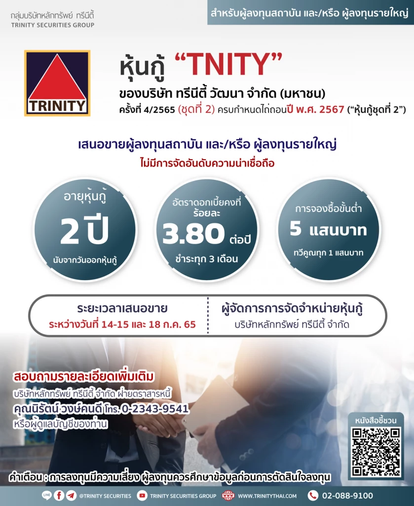 TNITY ออกหุ้นกู้ 3 ชุด ไม่เกิน 700 ล้านบาท ดอกเบี้ย 2.50 - 3.80% ต่อปี นำเงินขยายธุรกิจ