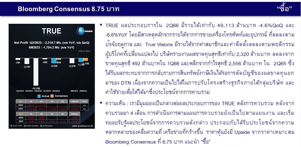 วิเคราะห์หุ้นรายตัว : บล.โกลเบล็ก TRUE "2Q66 ขาดทุนจากรายการพิเศษ"