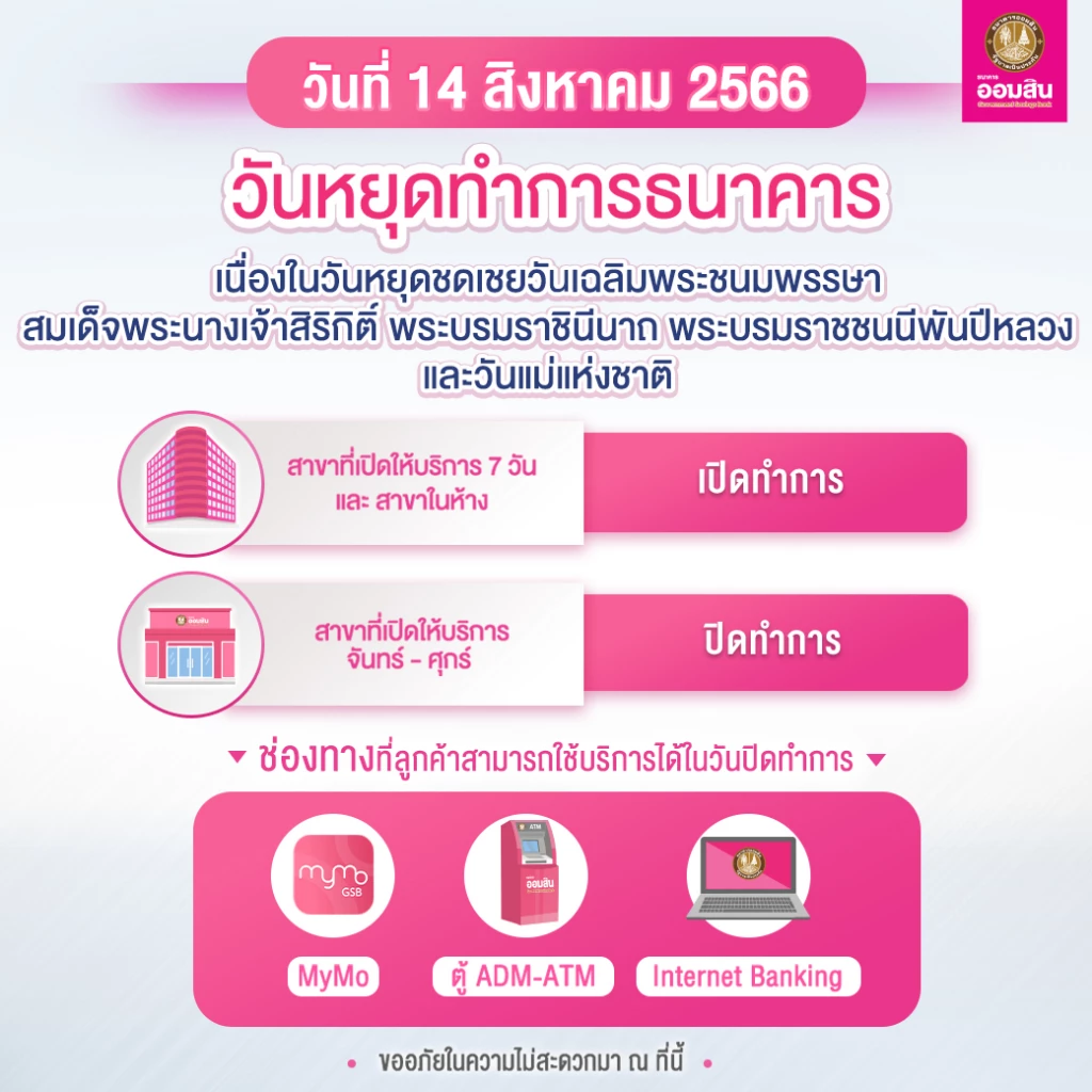 วันหยุดธนาคาร ชดเชยวันแม่แห่งชาติ 14 สิงหาคม 2566 เช็กสาขาเปิด-ปิดให้บริการ