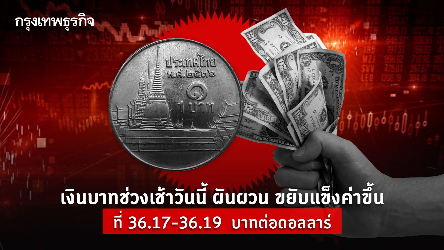 เงินบาทช่วงเช้าวันนี้ ผันผวน ขยับแข็งค่าขึ้น ที่ 36.17-36.19 บาทต่อดอลลาร์