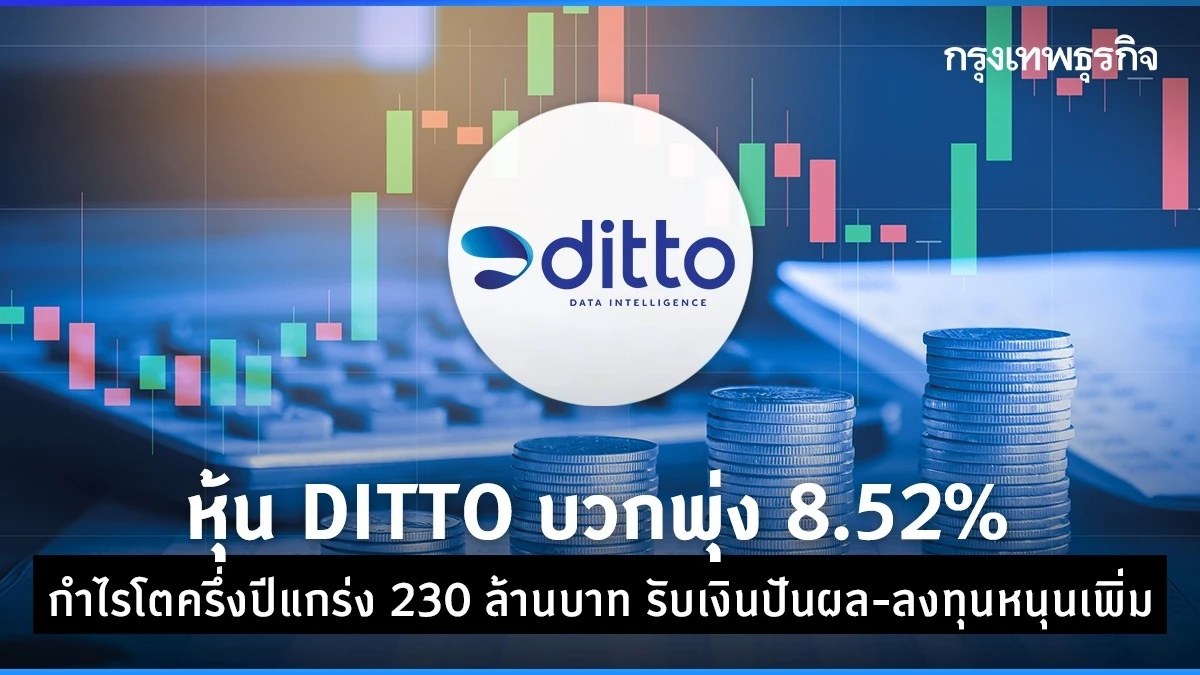 หุ้น DITTO บวกพุ่ง 8.52% กำไรโตครึ่งปีแกร่ง 230 ล้านบาท รับเงินปันผล-ลงทุนหนุนเพิ่ม