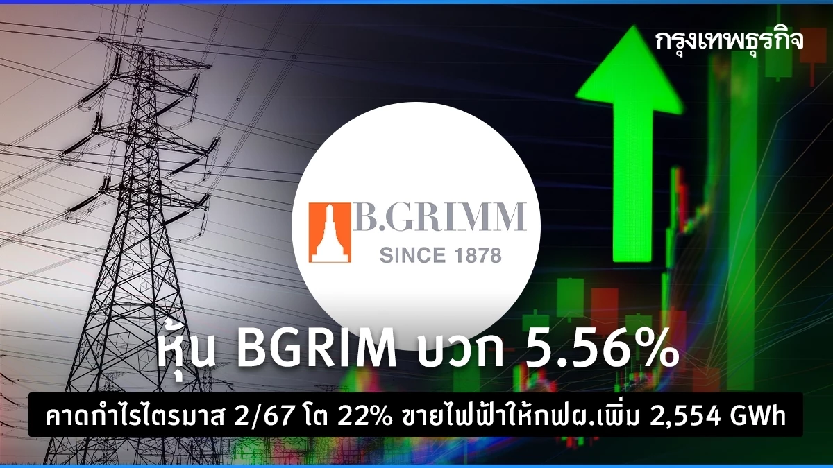 หุ้น BGRIM บวก 5.56% คาดกำไรไตรมาส 2/67 โต 22% ขายไฟฟ้าให้กฟผ.เพิ่ม 2,554 GWh