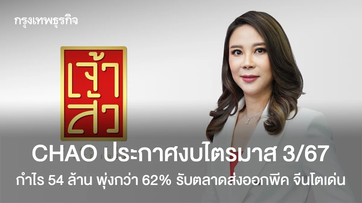 CHAO ประกาศงบไตรมาส 3/67 กำไร 54 ล้าน พุ่งกว่า 62% รับตลาดส่งออกพีค จีนโตเด่น