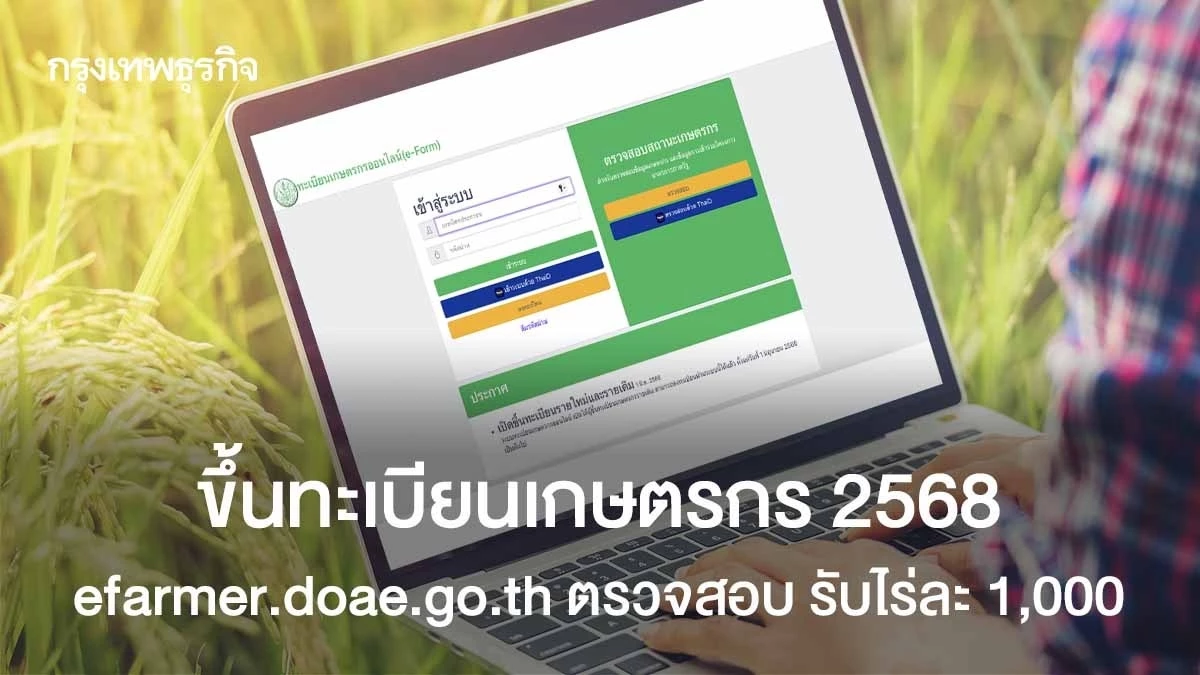 ขึ้นทะเบียนเกษตรกร 2568 efarmer.doae.go.th ตรวจสอบ รับไร่ละ 1,000