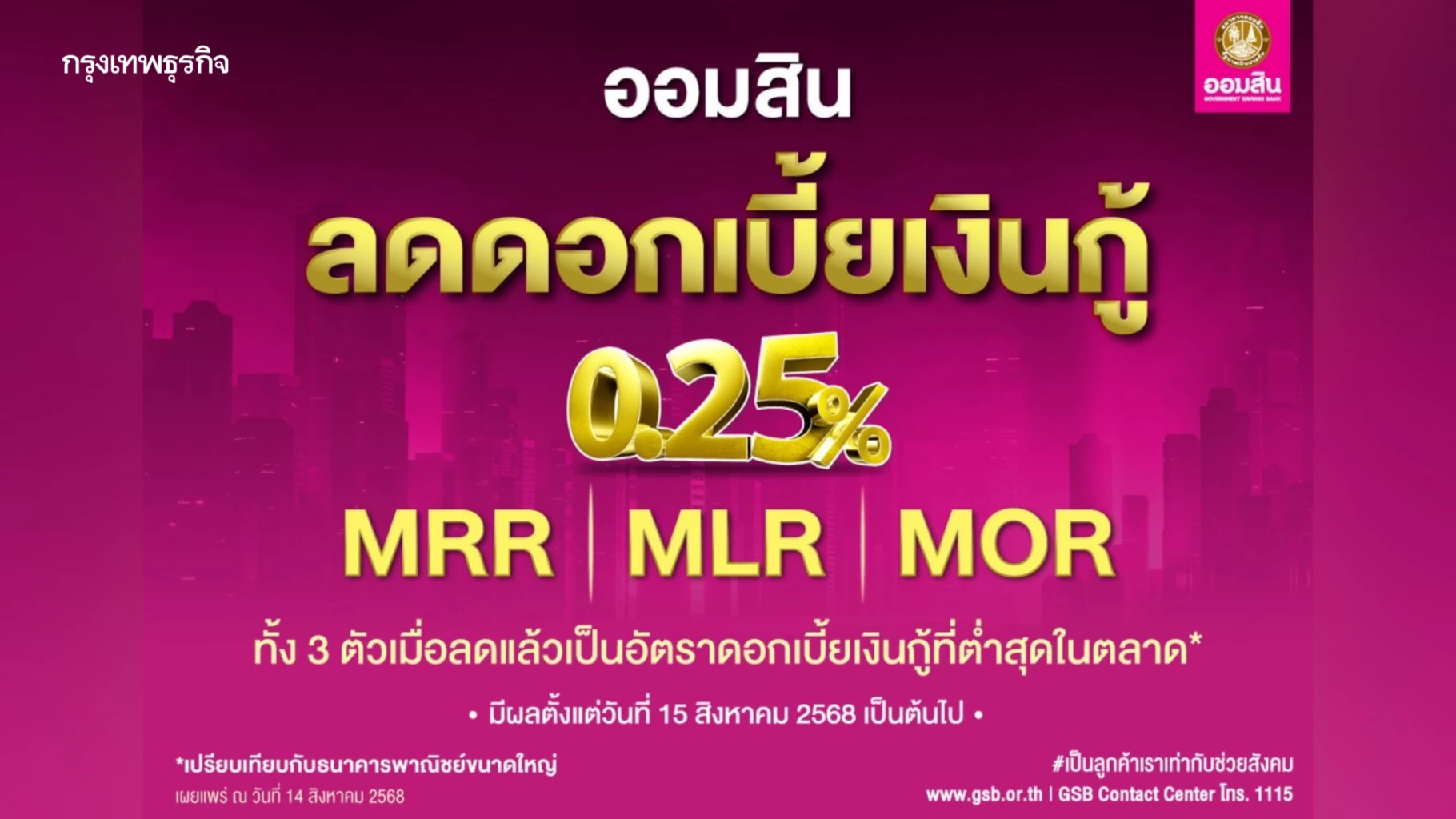'ออมสิน' ประกาศลดดอกเบี้ยเงินกู้ทุกตัว 0.25% ทั้ง MRR MLR และ MOR มีผล 15 ส.ค. 68